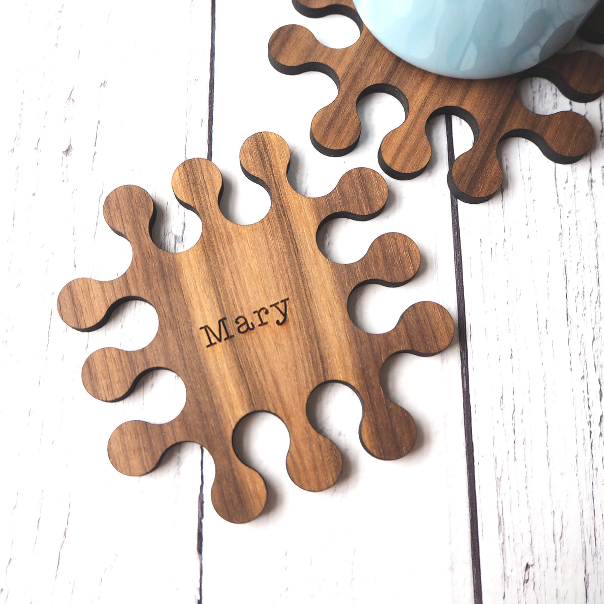 Personalised Walnut Jigsaw Coasters – Wood Paper Scissors