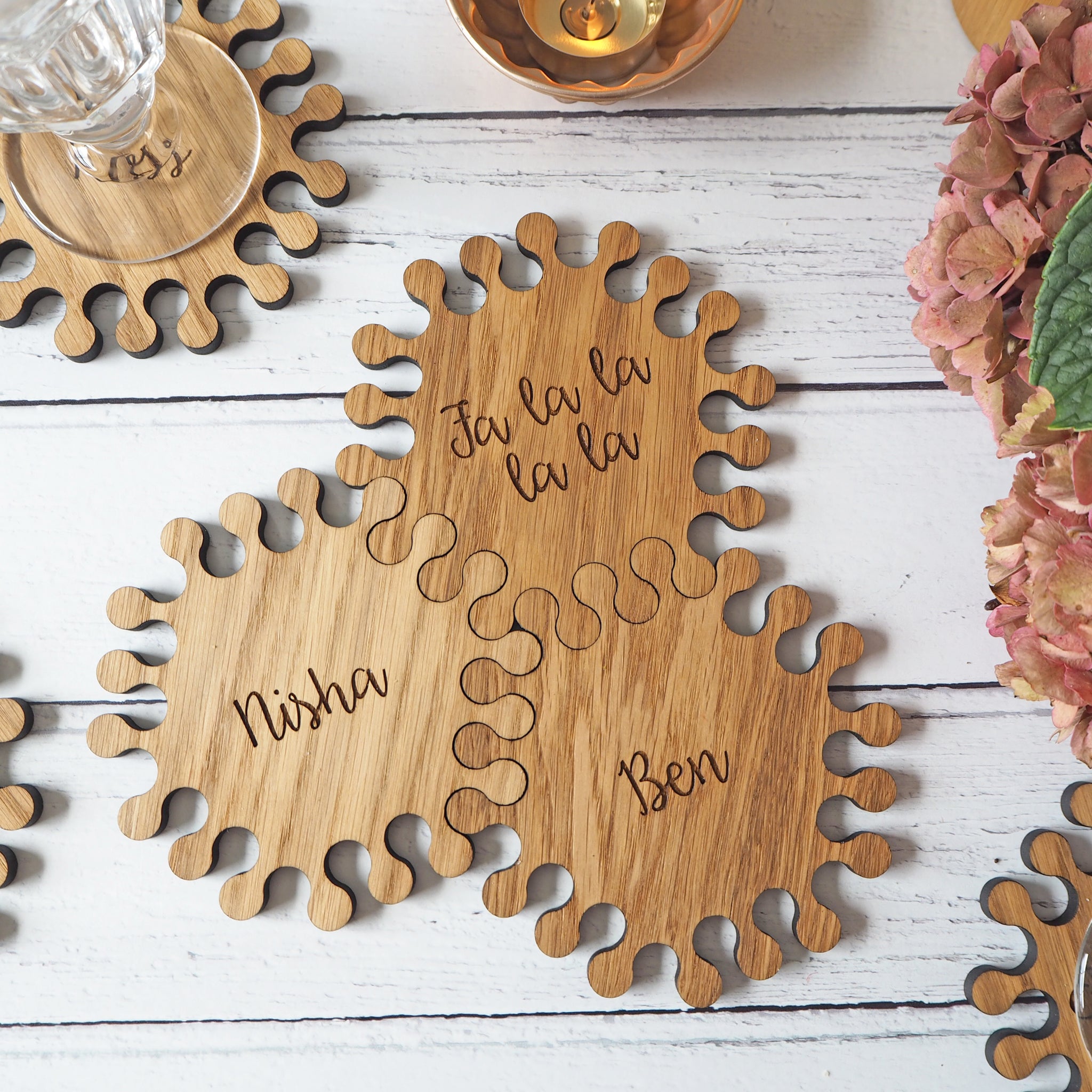 Interlocking Hexagon Oak Wood Personalised Coasters – Wood Paper Scissors