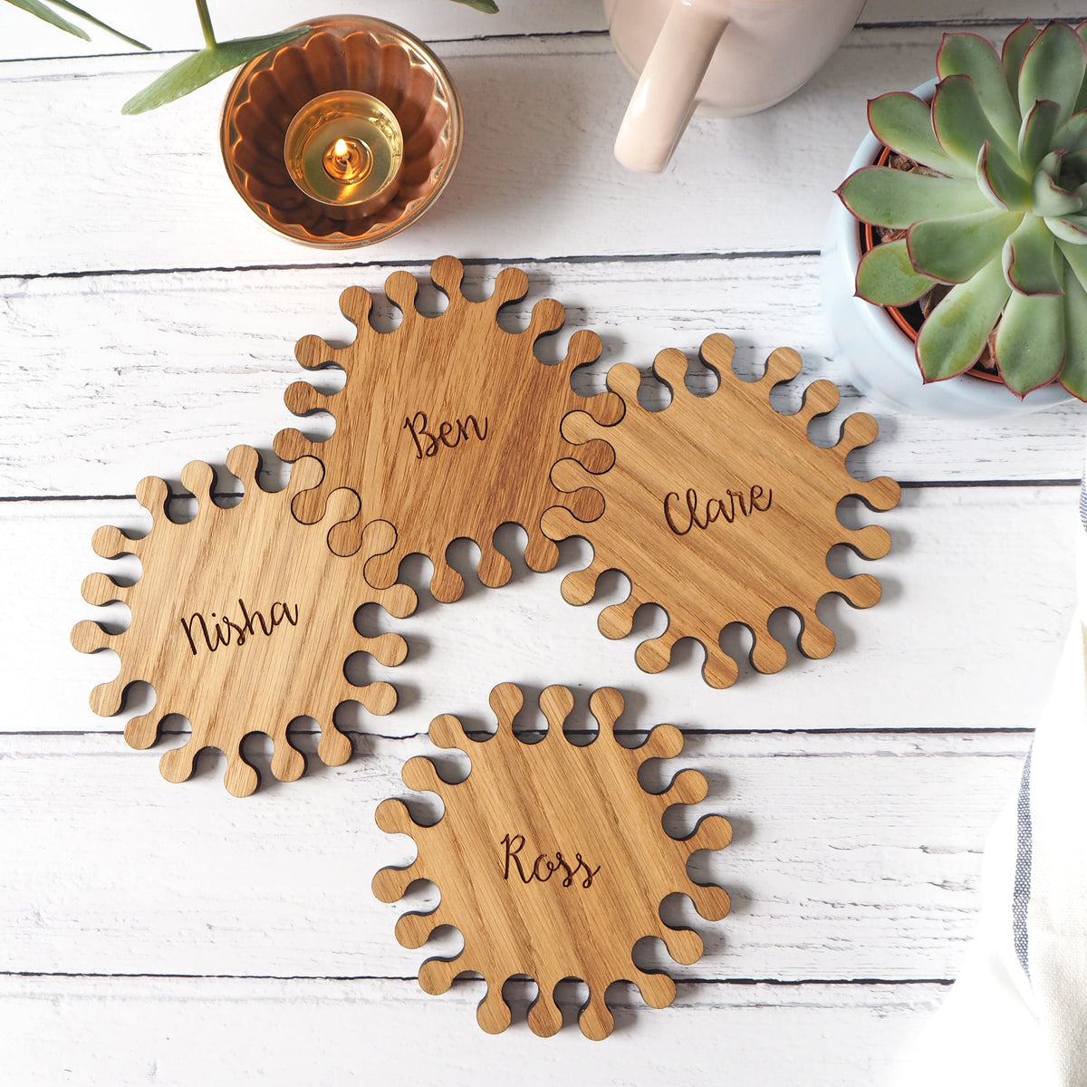 Interlocking Hexagon Oak Wood Personalised Coasters – Wood Paper Scissors